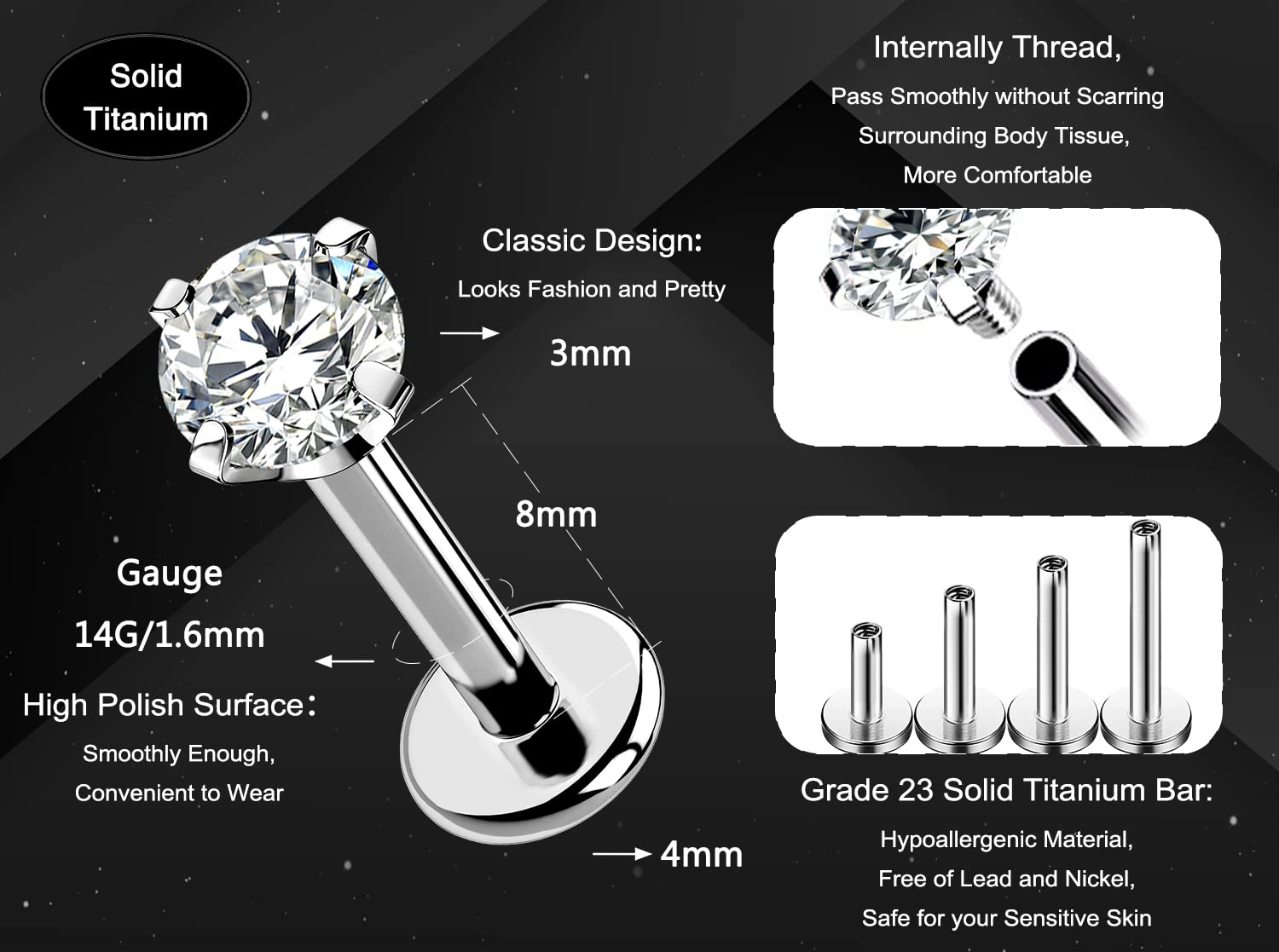 OUFER 16G Lip Ring Studs, G23 Solid Titanium Lip Piercings, Clear CZ Internally Threaded Labret Jewelry, Cartilage Helix Tragus Piercing Jewelry for Women and Men