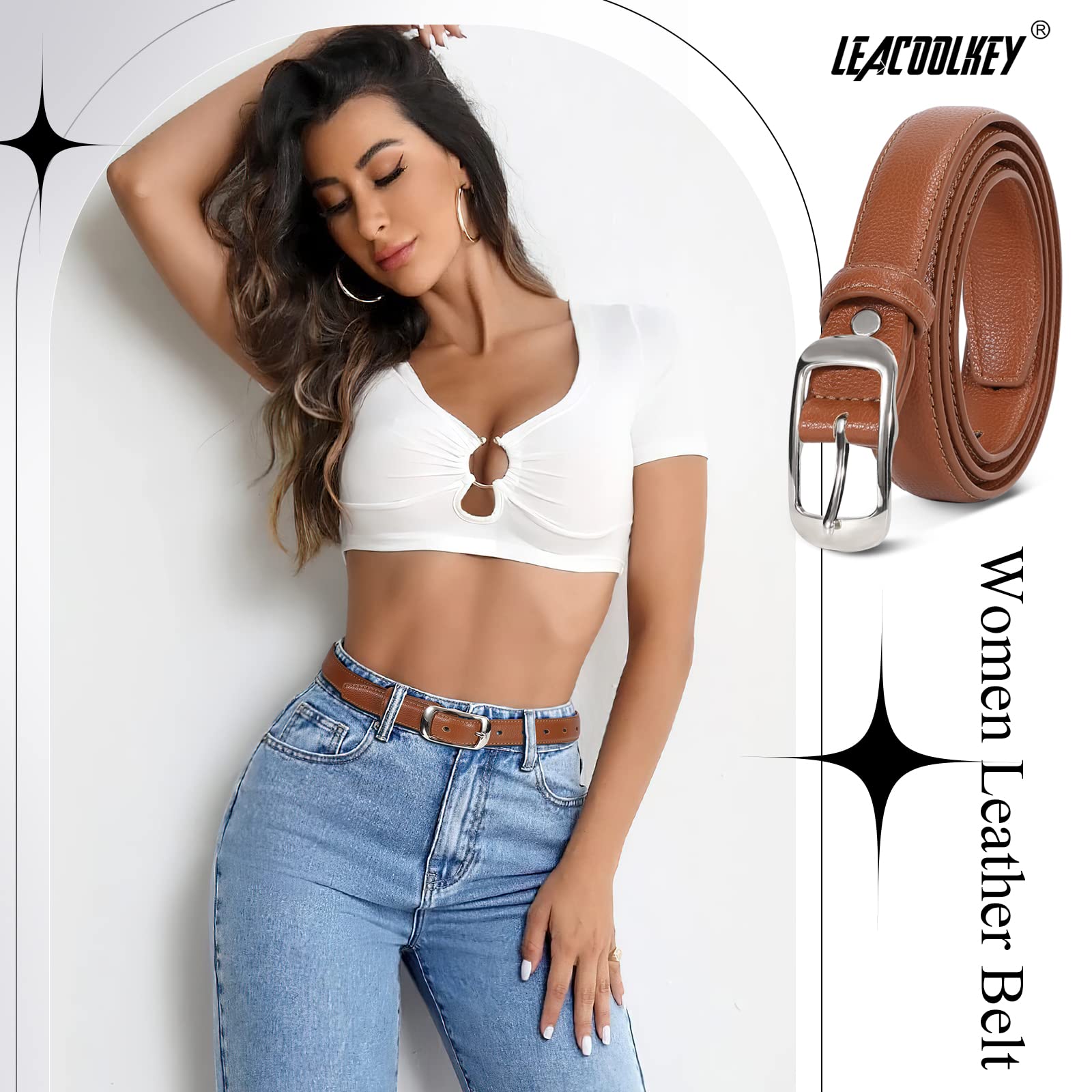 LEACOOLKEY Women Leather Belt for Jeans Pants Solid Fashion Waist Belt for Dress with Silver Pin Buckle