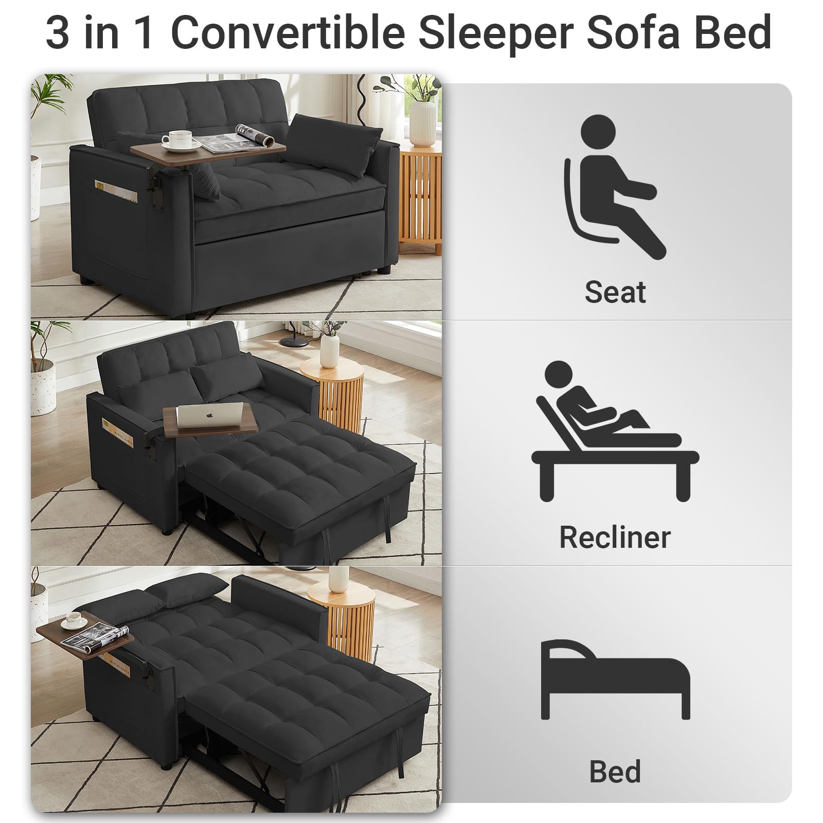 Rovibek 3 in 1 Convertible Sleeper Sofa Bed Loveseat Pull Out Couch Bed 55 Inch Velvet Futon Couch Lounge with Side Table, Reclining Backrest, Pillows, Pockets, Furniture for Living Room