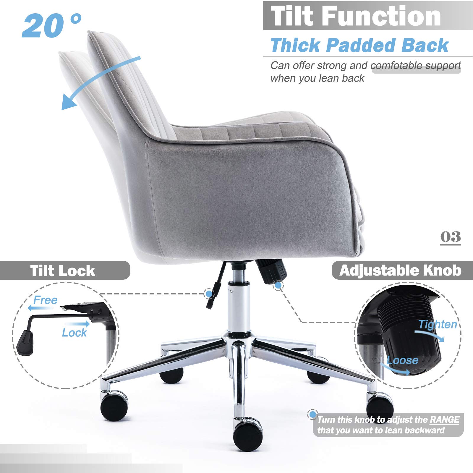 Jacky Home Velvet Office Desk Chair with Mid-Back, Modern Height Adjustable 360° Swivel Upholstered Computer Task Chair with Arms and Wheels for Study Room Living Room Bedroom (Grey)