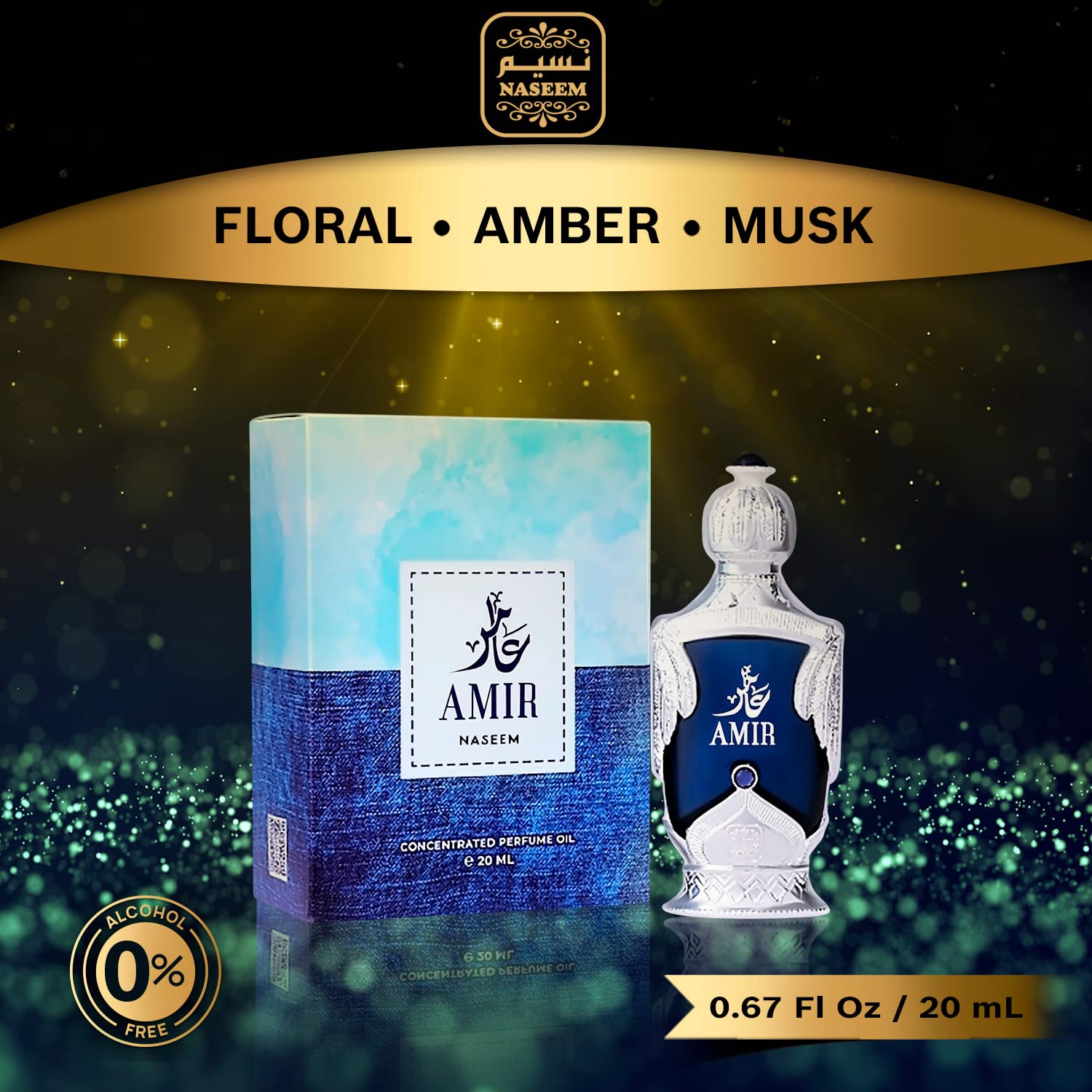 NASEEM Amir Concentrated Perfume Oil - Arabian Perfume for Men Alcohol Free & Long Lasting Aromatic & Fresh Perfume 0.67 Fl Oz