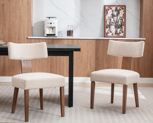 HNY Hi&Yeah Mid Century Modern Dining Chairs, Linen Fabric Upholstered and Curved Backrest Kitchen Chairs Set of 2, with Hardwood Frame, Beige