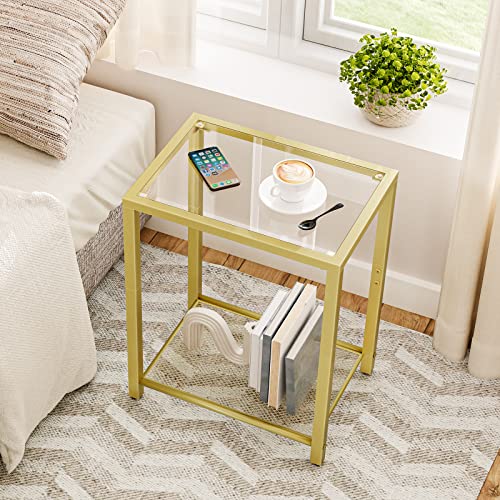 HOOBRO Set of 2 Side Tables, 2-Tier End Table, Nightstands for Tight Spaces, Tempered Glass Bedside Tables, Modern Metal Frame, for Office, Bedroom, Living Room, Study, Gold GD76BZP201