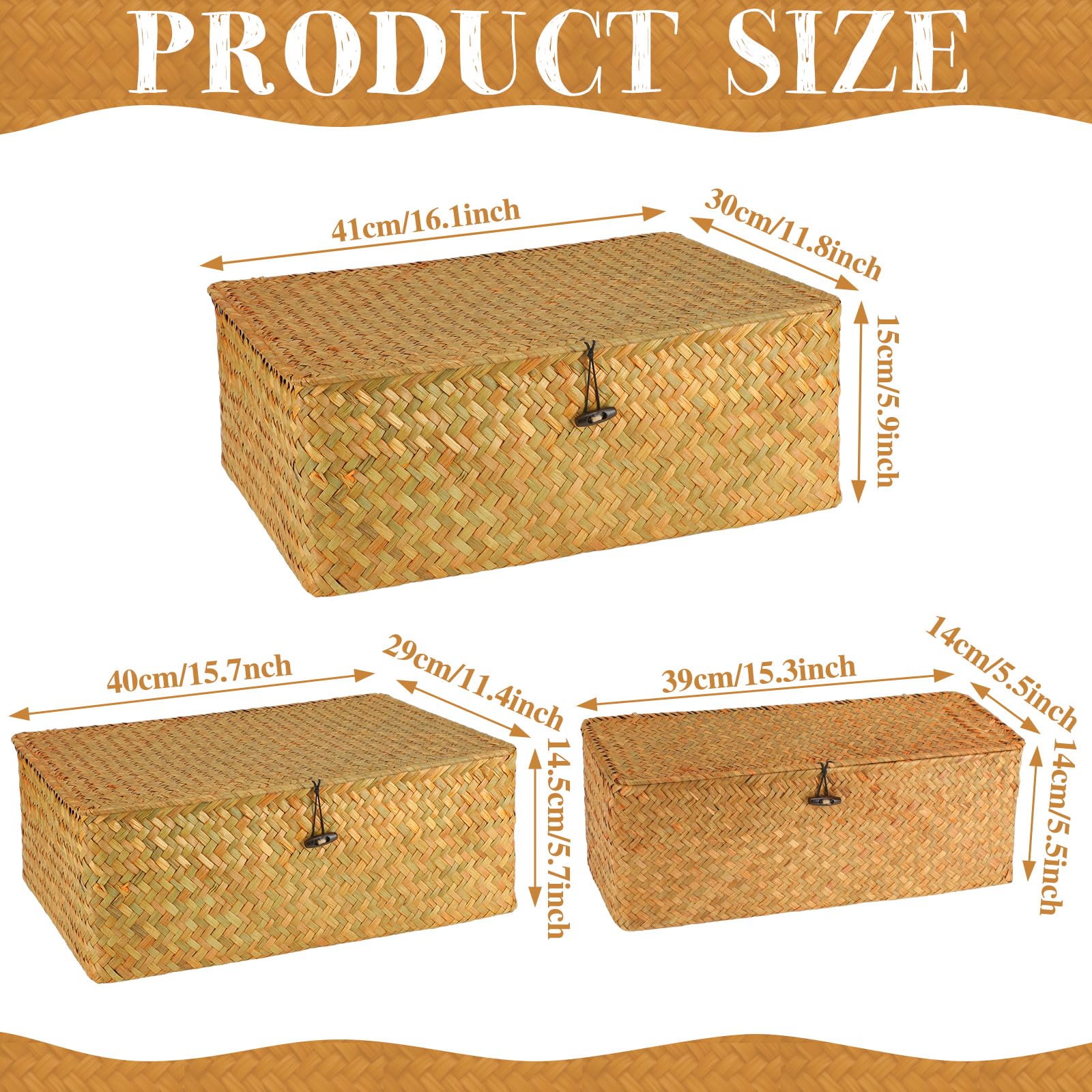 Xuhal 4 Pcs Seagrass Storage Baskets Wicker Shelf Baskets Bin with Lid Wicker Storage Boxes Woven Organizer Baskets Rectangular Decorative Boxes Stackable Flat Baskets for Home Office Supplies