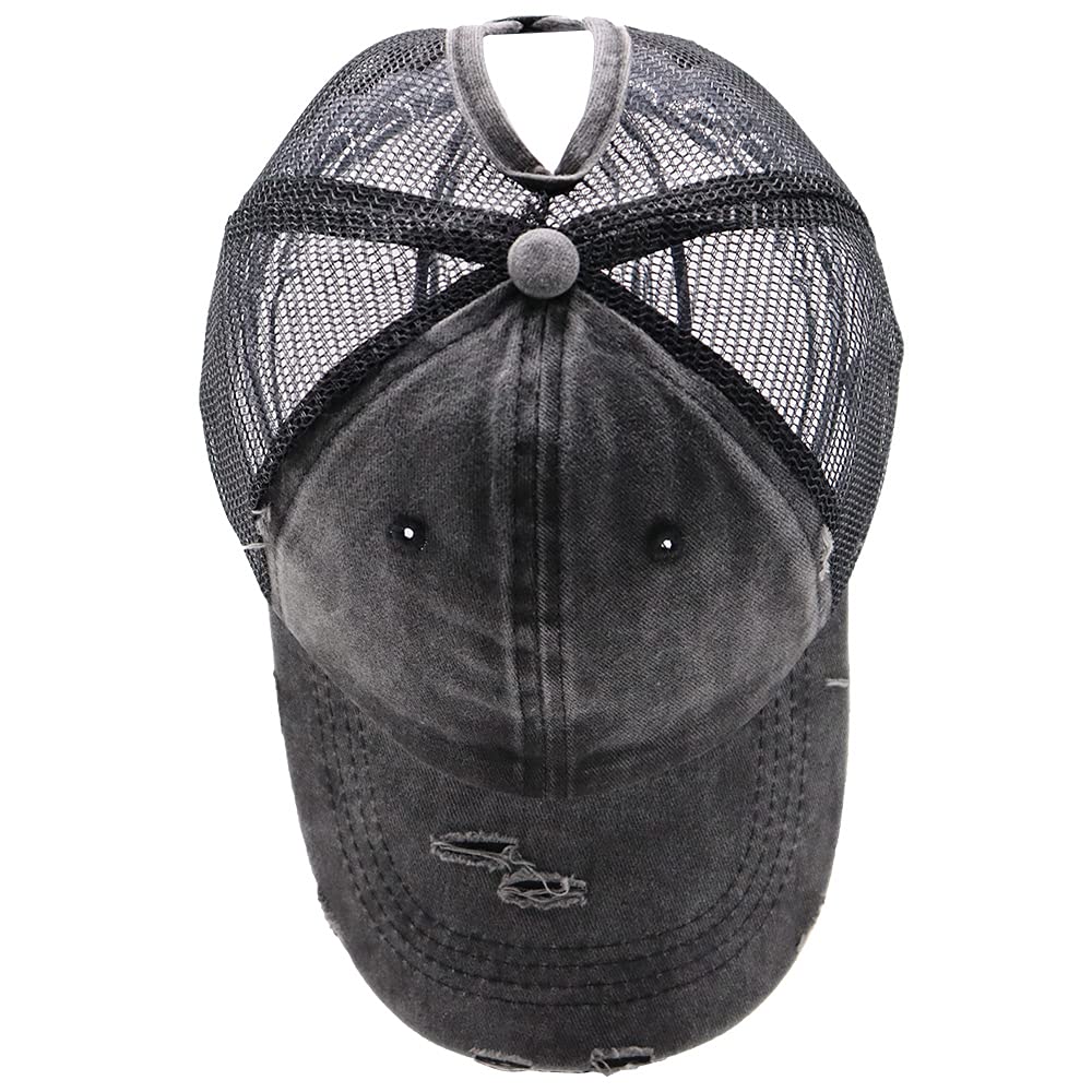 KKMKSHHG Ponytail Baseball Cap for Womens, Adjustable Vintage Trucker Washed Denim Dad Hat, Distressed High Mesh Messy Bun Velcro Ponycap