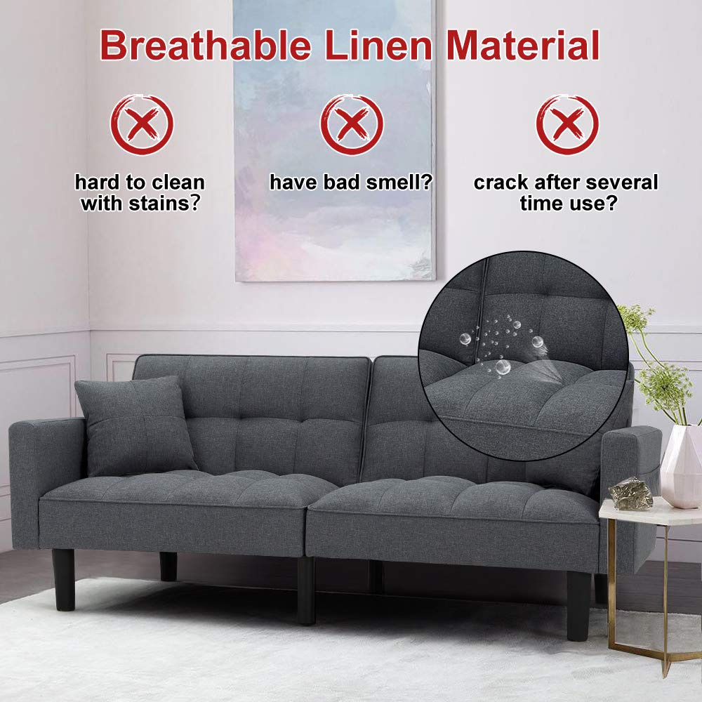 HOMHUM Convertible Sleeper Sofa Bed Modern Linen Fabric Couch Bed Futon Sofa Bed with 2 Pillows for Living Room, Apartment, Guest Room, Classic Grey