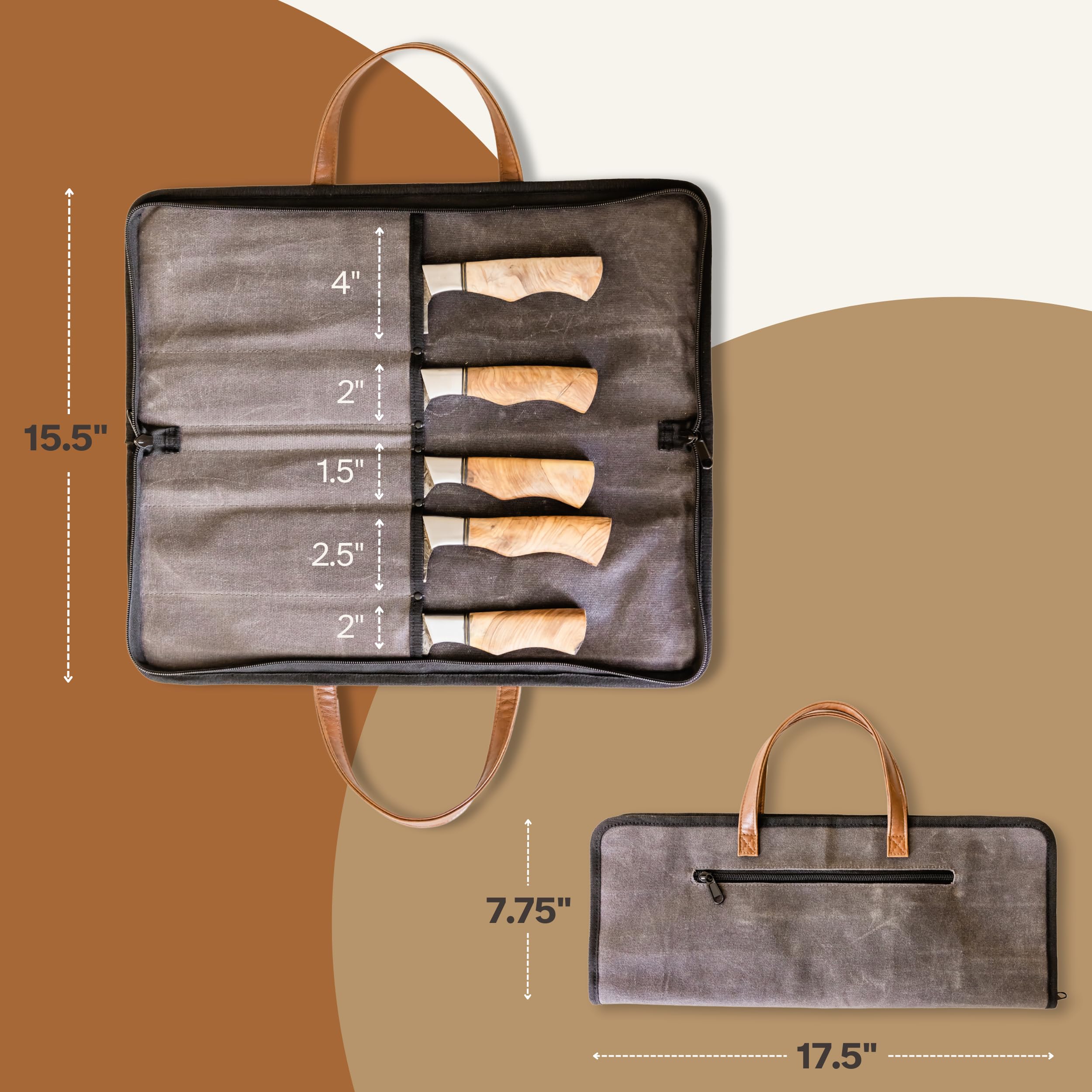 Knife Bag - Durable Waxed Canvas Chef Bag with zipper pocket & 5 slots for knives and kitchen tools, Knife roll for Knives & Kitchen Tools - Knife case for travel