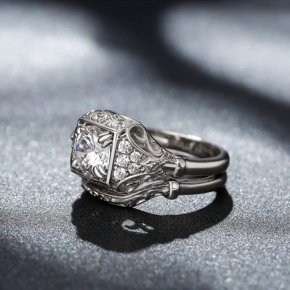 Jeulia Vintage Milgrain Round Cut Sterling Silver Ring Set Wedding Engagement Anniversary Promise Ring Bridal Sets for Women With Jewelry Box (Silver, 7)