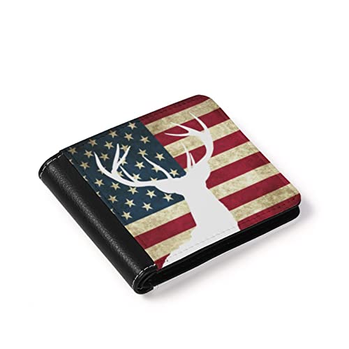 LedBack American Flag Deer Print Men's PU Leather Bifold Wallet Card Case Holder Money Organizers