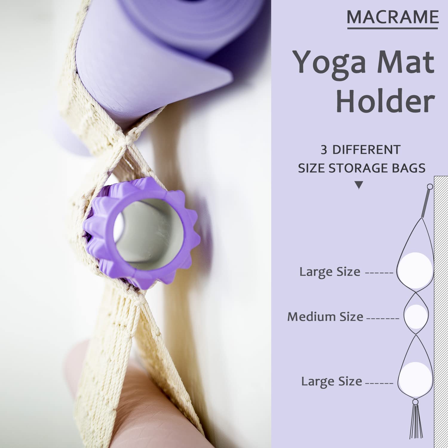 Macrame Yoga Mat Holder Wall Mount Yoga Mat Foam Roller Wall Hanging Rack for Yoga Mat Storage Organizer with 3 Sizes Easy Access Pocket Boho Gym Home Decor