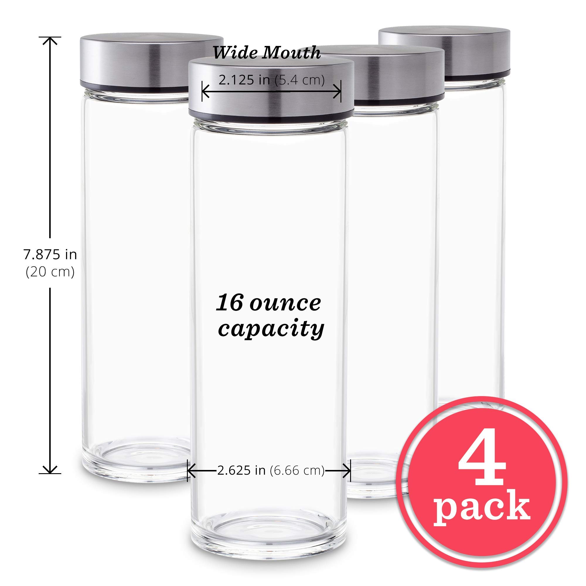 Juice Bottles - 4 Pack Wide Mouth Glass Bottles with Lids - for Juicing, Smoothies, Infused Water, Beverage Storage - 16oz, BPA Free, Stainless Steel Lids, Leakproof, Reusable, Borosilicate