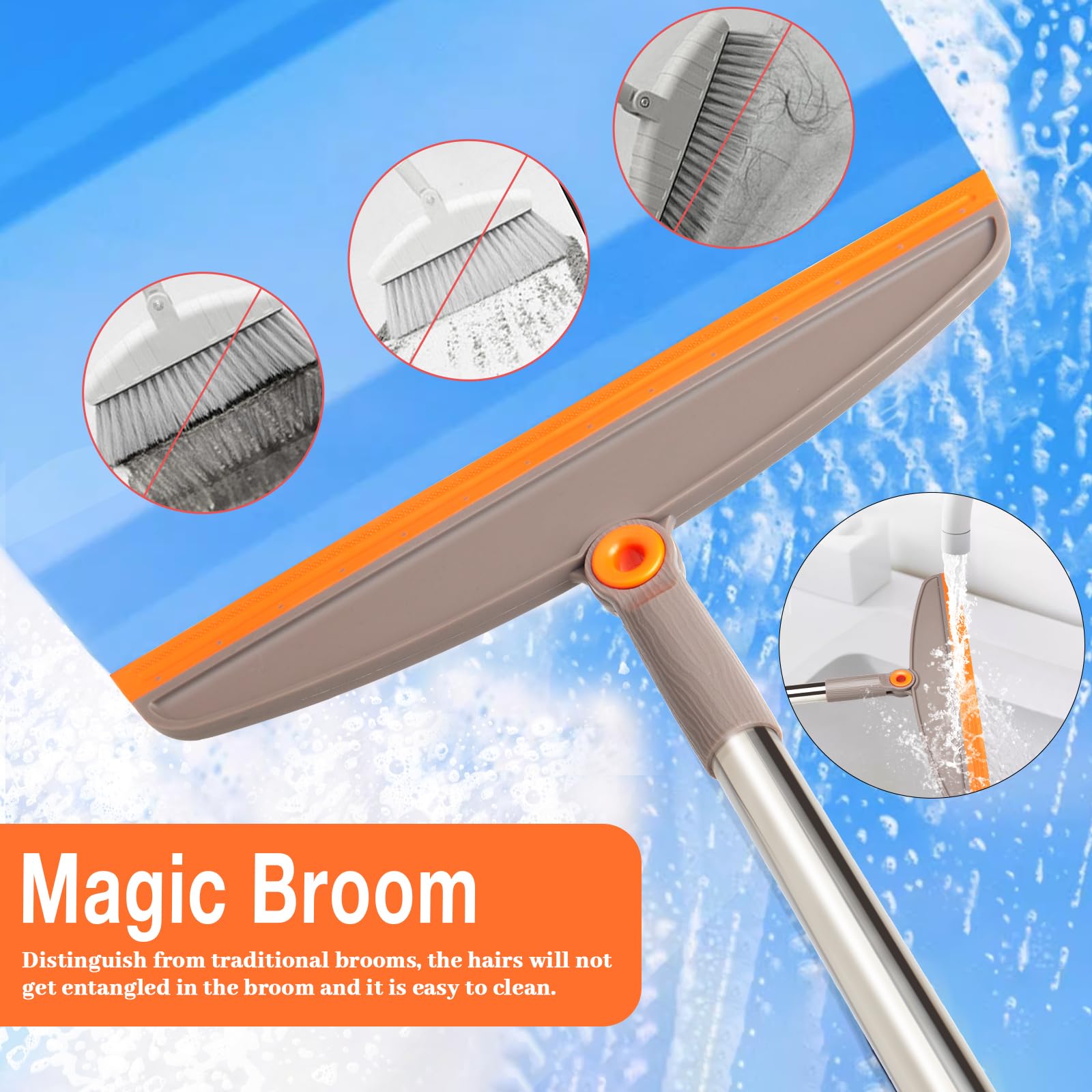 XXFLOWER Silicone Air Broom,Multifunction Magic Broom with Long Handle,Adjustable Rubber Squeeze Broom Sweeping Water,Pet Hair Remover for Carpet,Kitchen,Concrete Floor,Bathroom Tile(Grey Orange)