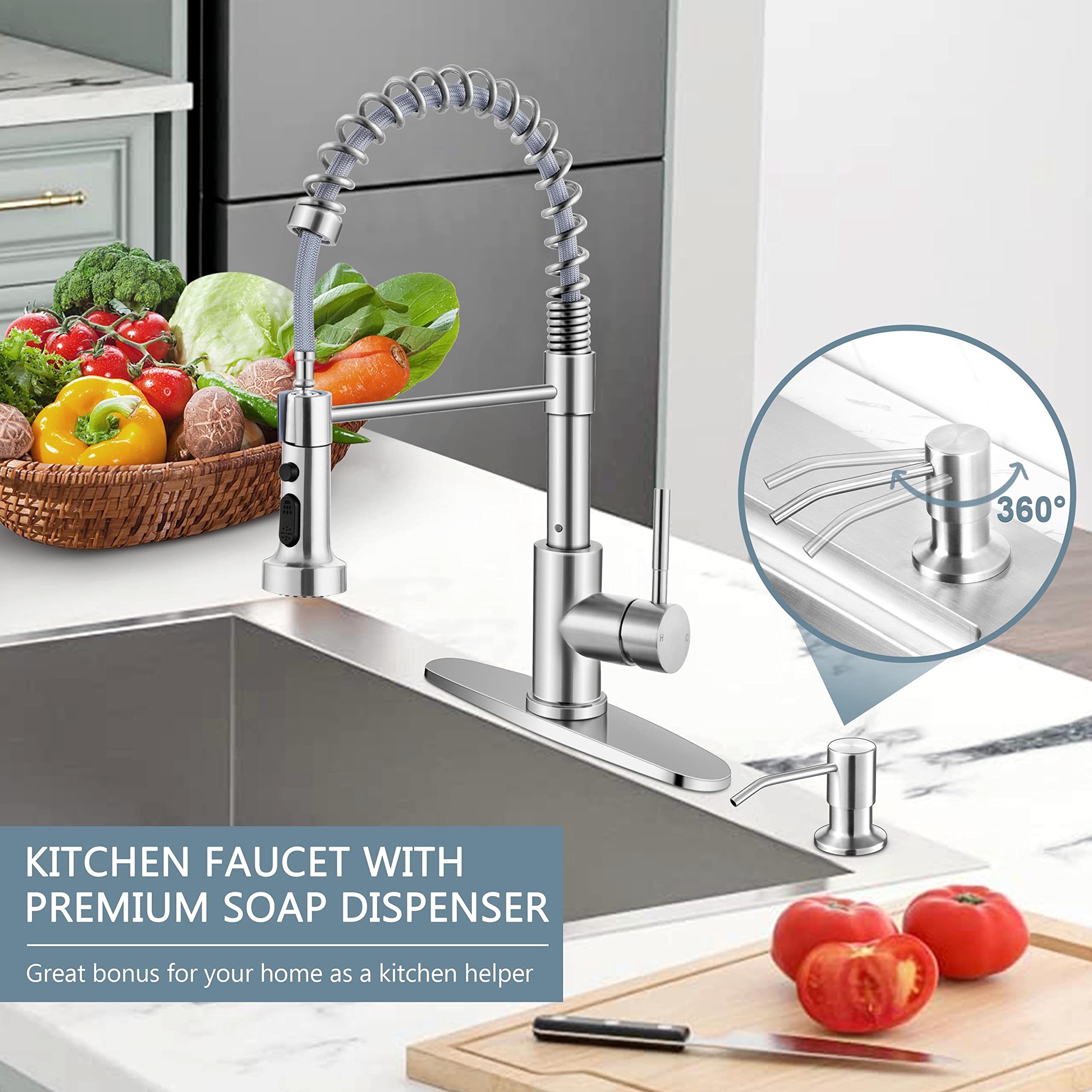 Homikit Kitchen Faucet Brushed Nickel with Pull Down Sprayer & Soap Dispenser, Stainless Steel Spring Faucets with Deck Plate 1 or 3 Hole, High Arc Commercial Sink Faucet for Farmhouse Laundry RV Bar