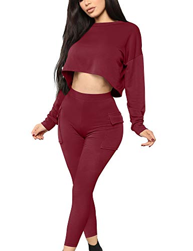 Kaximil Women's Workout 2 Piece Outfits Long Sleeve Crop Top Legging Pants Jogger Set Tracksuit, Large, Wine Red