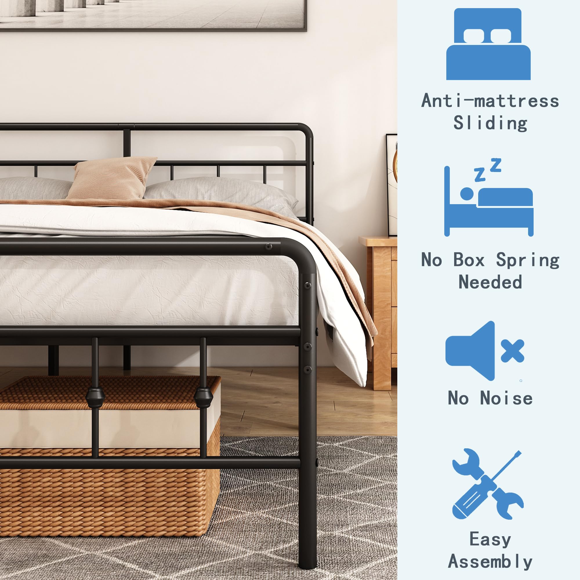 HOBINCHE Queen Size Metal Bed Frame with Headboard and Footboard, 14 Inch Black Heavy Duty Mattress Foundation with Steel Slat Support, No Box Spring Needed, Noise Free