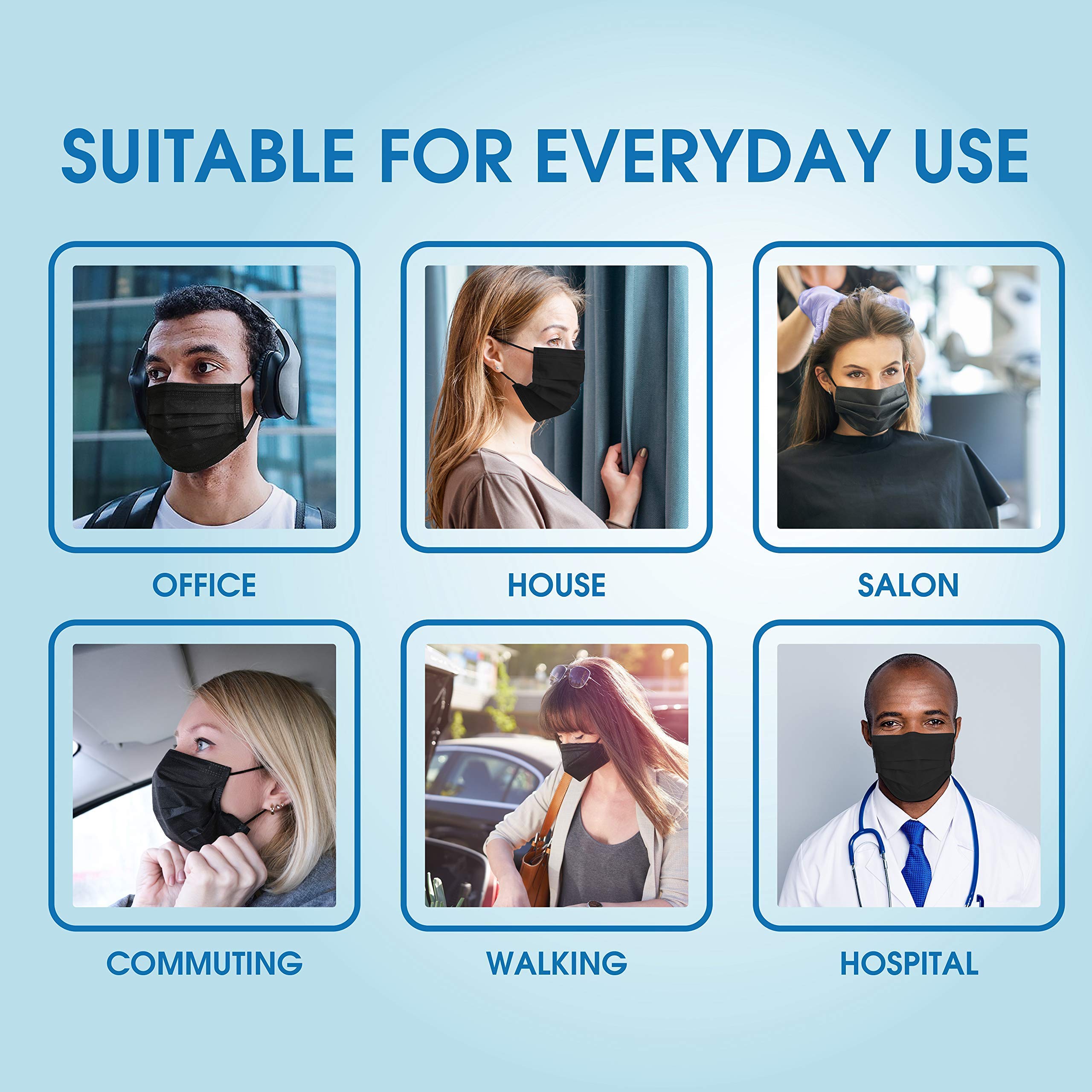 Kenko 50 pcs 4-ply MEDICAL Face Masks Black & 50 pcs Disposable 4-Ply Face Masks Black, Breathable & Comfortable Filter Safety Mask, Protection