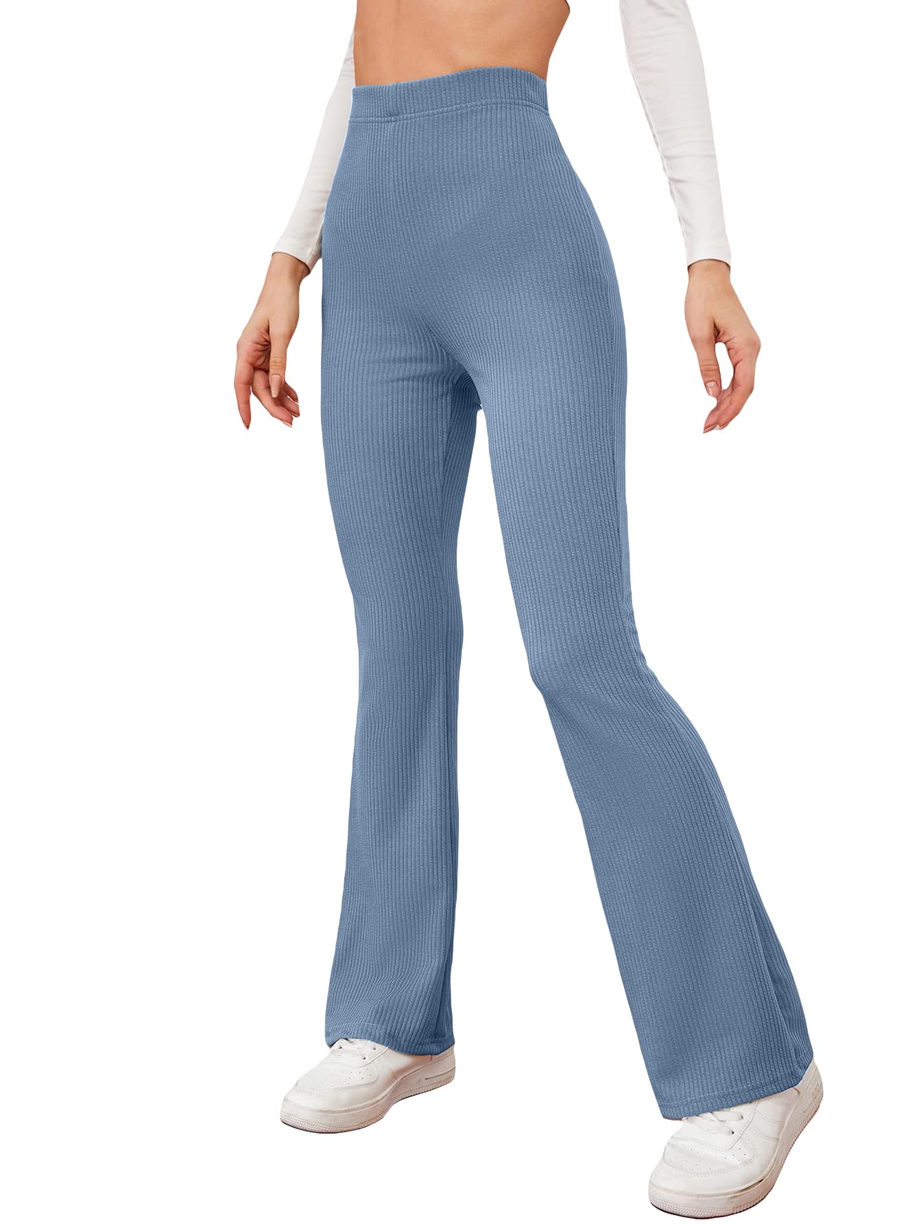 MakeMeChic Women's High Waist Flare Pants Ribbed Knit Bootleg Yoga Pants Dusty Blue L