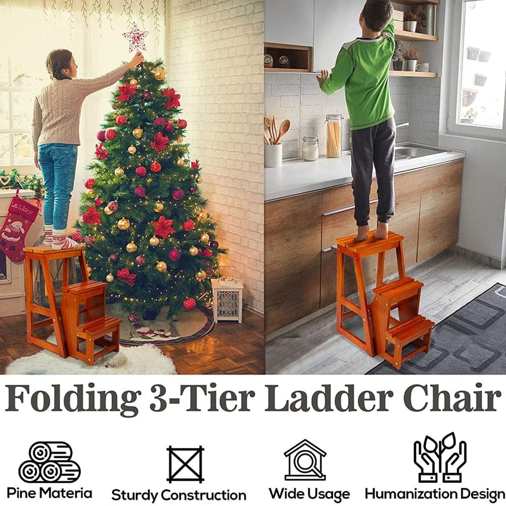 Indoor Climbing Stool,Step Ladder Home Step Stools Stairway Chair Step Stool Small Foot Stools Seats Wooden Ladder Staircase Multifunctional Folding Portable Household Closet Step