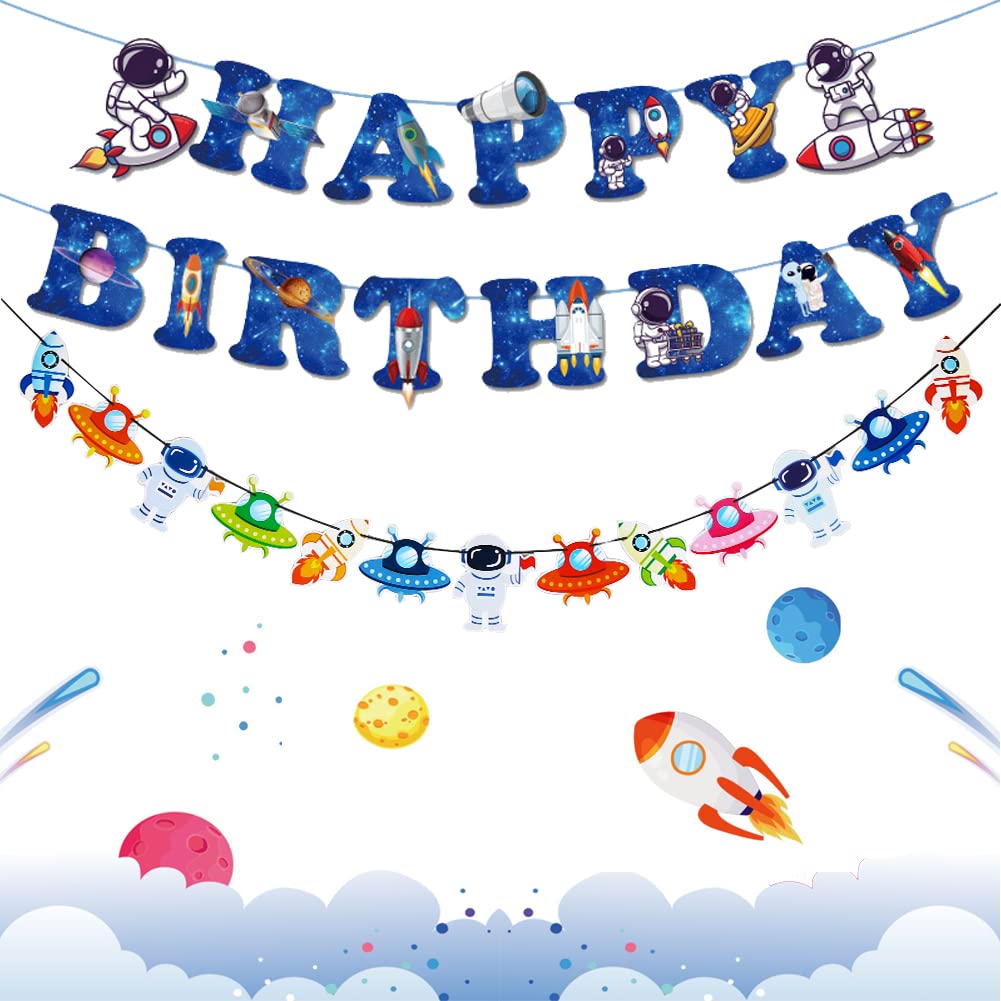 Outer Space Birthday Party Decorations Outer Space Happy Birthday Banner with Outer Spaceship Bunting Garland for Kids Boy Galaxy Planet Universe Outer Space Theme Party Decorations Supplies