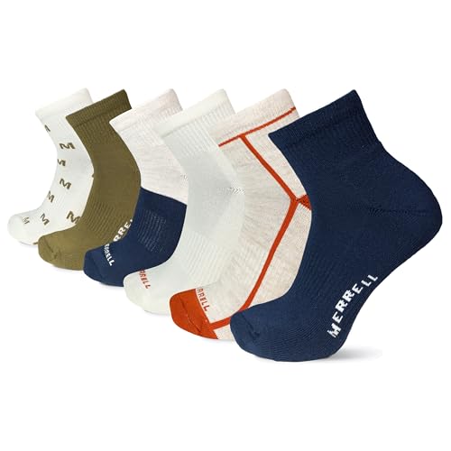 Merrell Unisex-Adult's Recycled Cushioned Socks Pack-Hiking Arch Support & Moisture Management, Ankle-Navy Assorted (6 Pairs), M/L (Men's 9.5-12 / Women's 10-13)