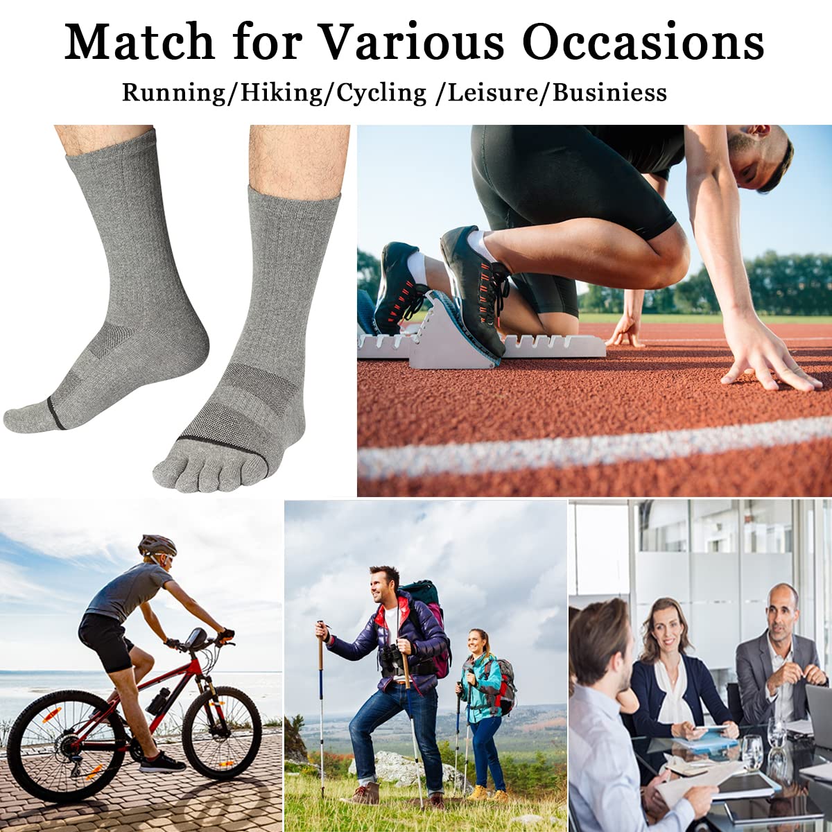 Men's Toe socks Cotton Crew Five Finger Socks for Running 3 Pairs(Grey)