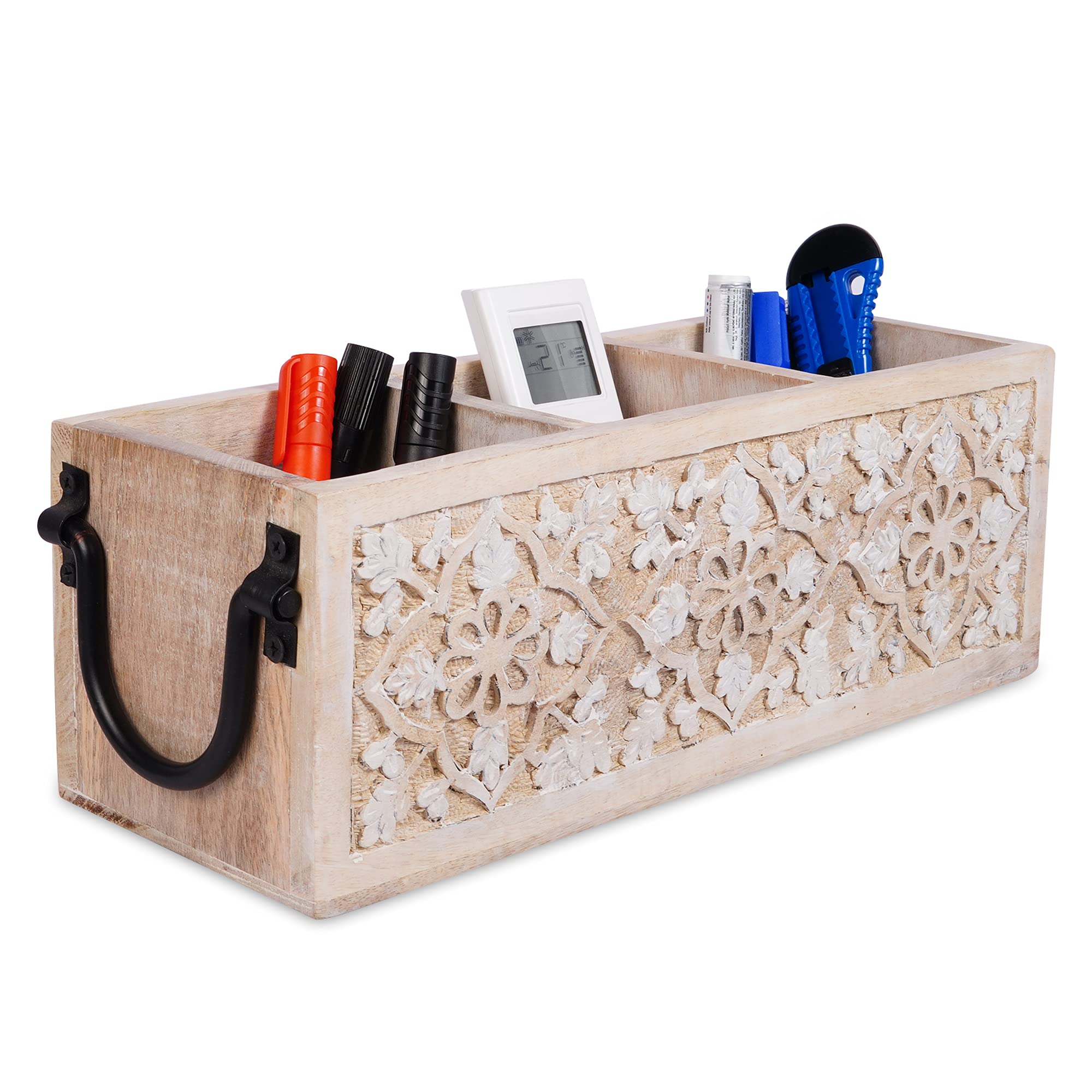 Mela Artisans Wood Utensil Holder for Kitchen | 3 Compartments - Whitewash & Black | Rustic Farmhouse Home Decor | Bathroom Organizer | Decorative Wooden Caddy | Desktop Organization | 13" Length