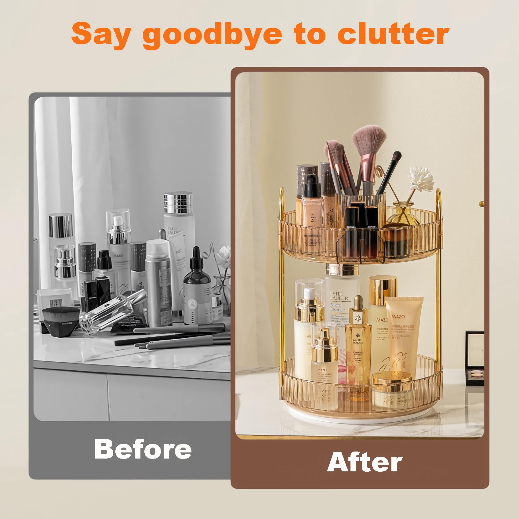 LAECHATAR Rotating Makeup Organizer for Vanity 2 Tiers, Large Capacity Skincare Organizers and Storage, Perfume Organizer Countertop, Spinning Bathroom Lazy Susan (Vintage Gold)