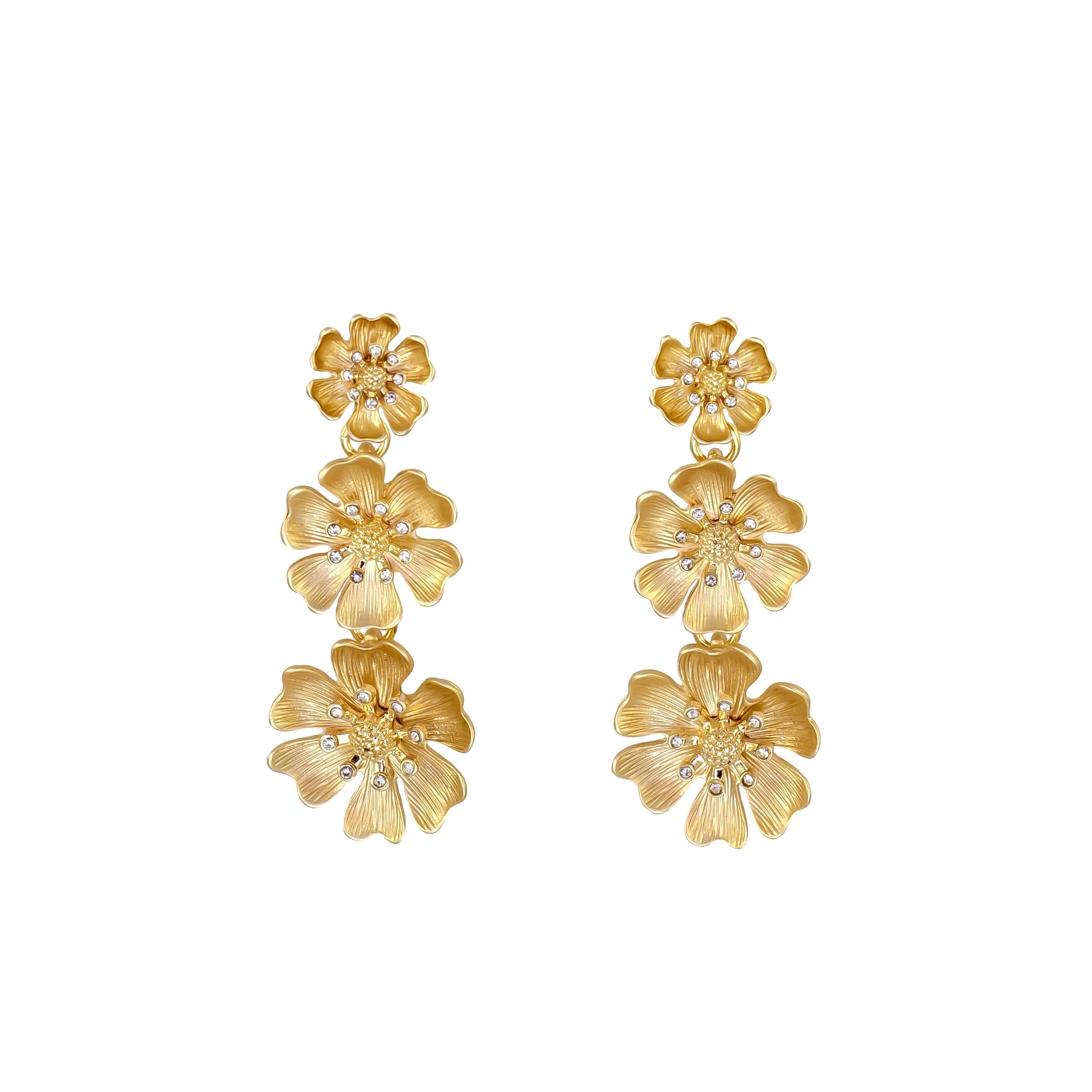 Laura Ashley Womens Jewelry Gold Triple Flower Drop Floral Dangle Earrings with Crystal