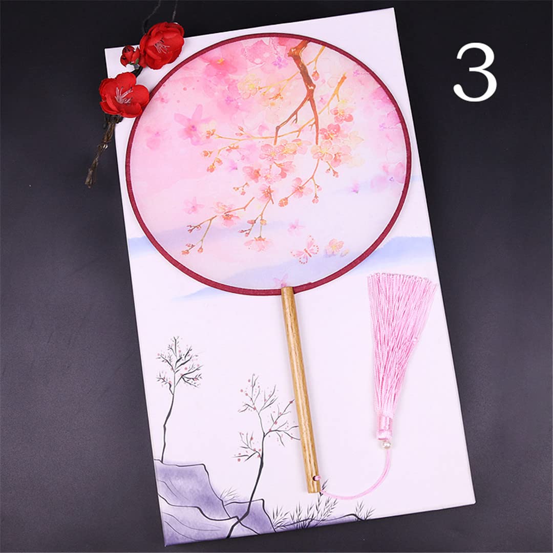 Lmtossey 1Pc Chinese Style Vintage Lady Flower Round Hand Fan Wedding Dance Handle Silk Cloth Fan