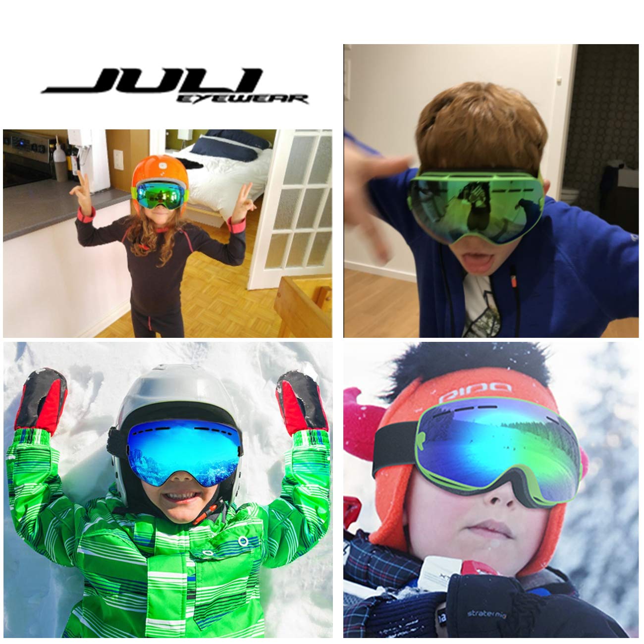 JULI Kids Ski Goggles,Interchangeable Double Layer Spherical Lens,OTG Anti-Fog Snowboard Skate Snow Goggles Age 4-16 4300(White/Blue)