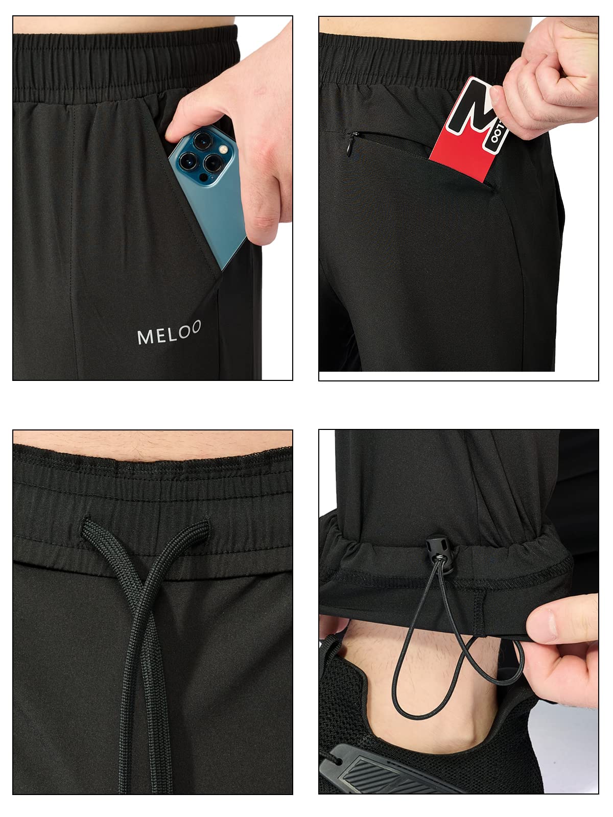 MELOO Men's Lightweight Sweatpants Joggers - Water Resistant Athletic Track Pockets Pants Running, Hiking, Workout Black Size L