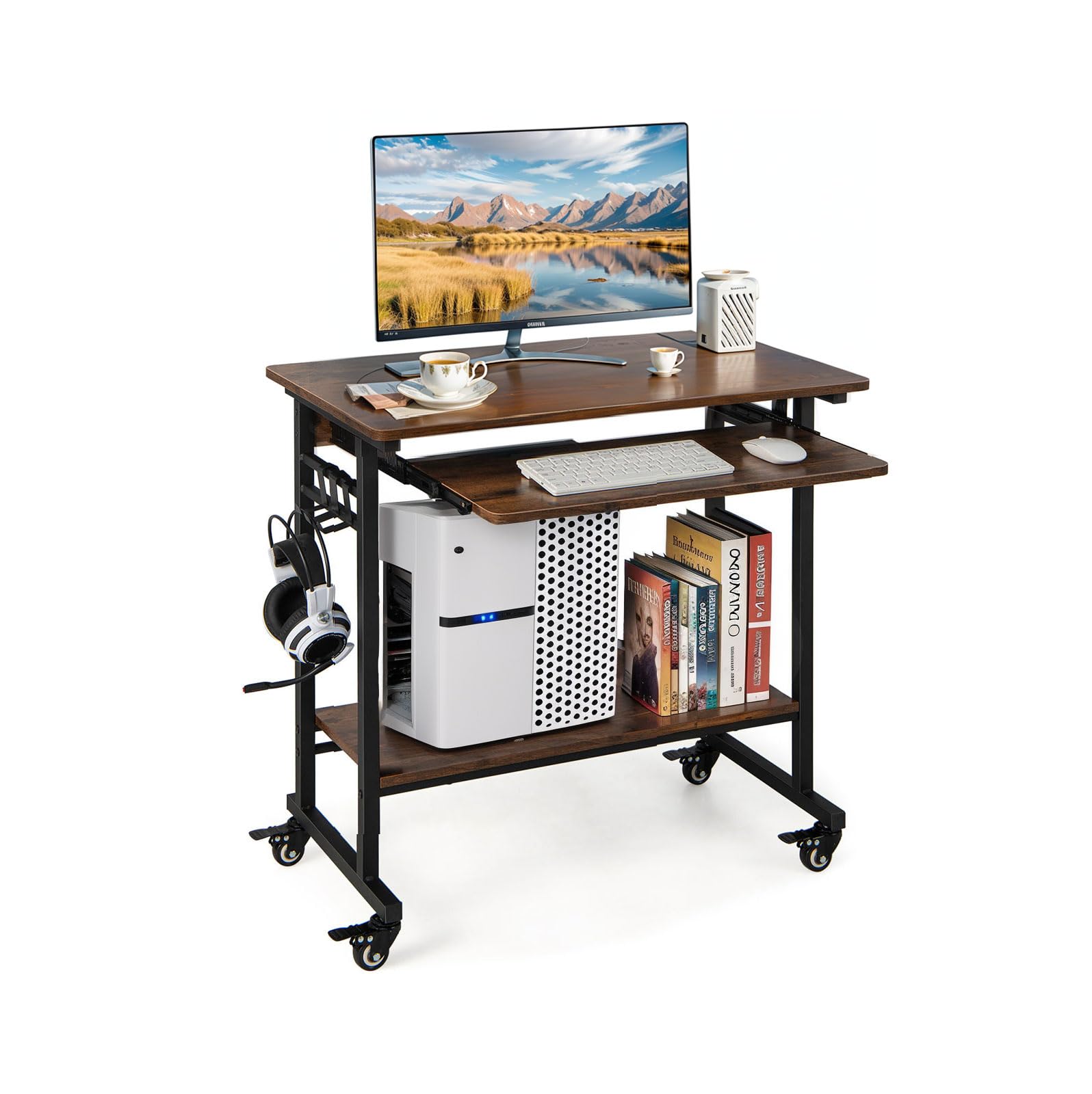 Julimoon Rolling Computer Desk, Mobile Desk with Keyboard Tray & Mouse Tray, Portable Laptop Cart with Shelf & Hooks, Small Desk for Small Spaces, Study Table for Bedroom, Apartment, Home Office Desk