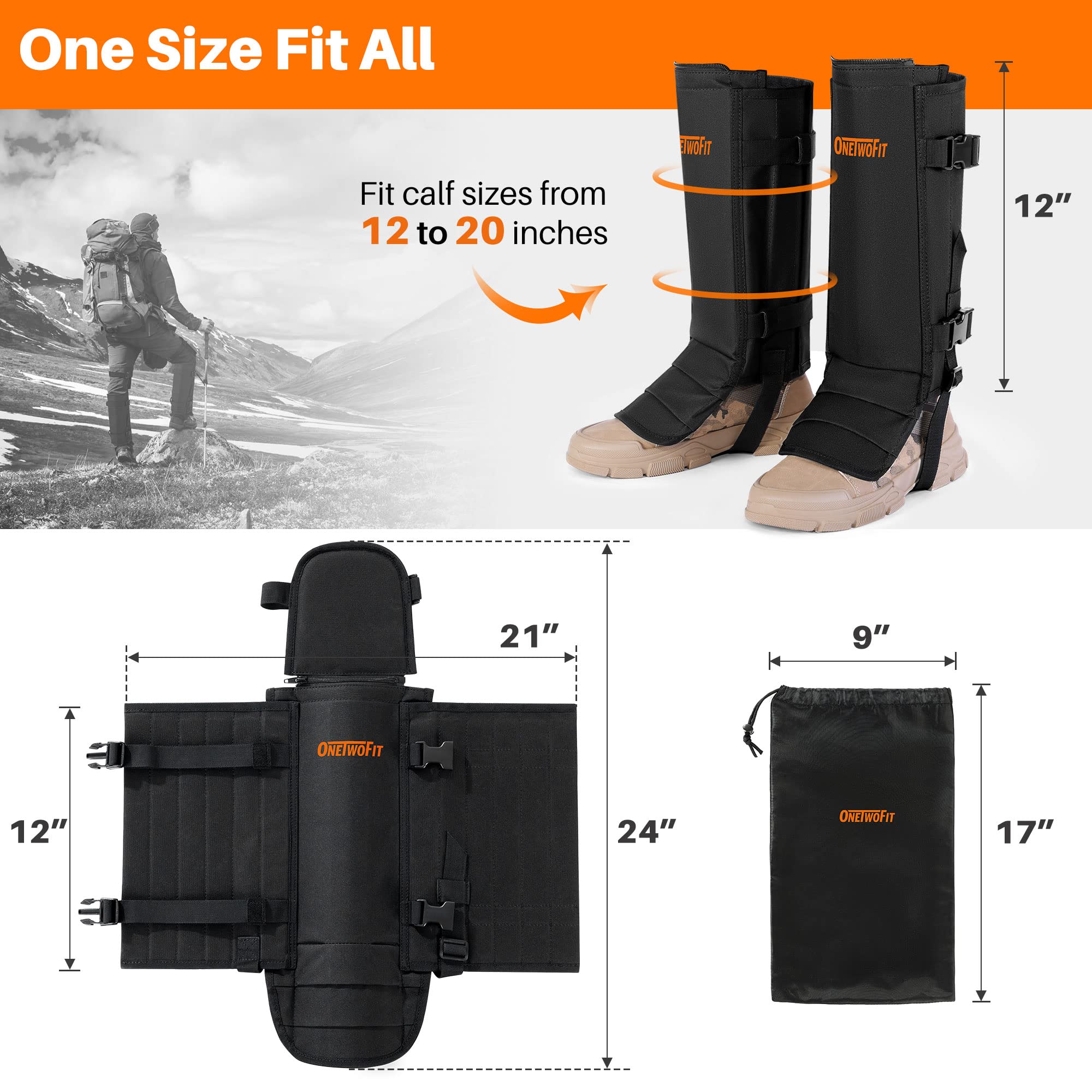 ONETWOFIT Snake Gaiters, Adjustable Snake Chaps for Men Women Hiking Hunting with Removable Knee Guards, Carry Bag, Foot Strap, Lightweight Snake Bite Protection for Lower Legs