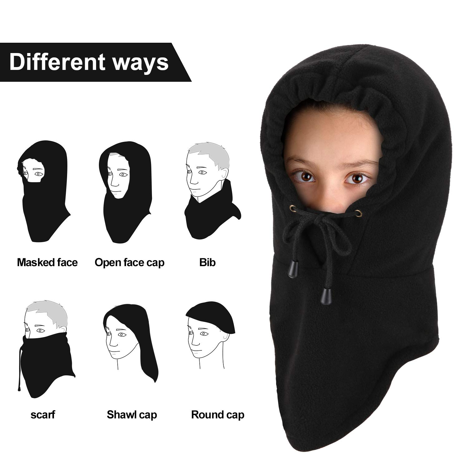 Joyoldelf Heavyweight Balaclava Face Mask for Kids, Adjustable Windproof & Warm Ski Mask for Skiing, Cycling, Hiking, Camping (Black)