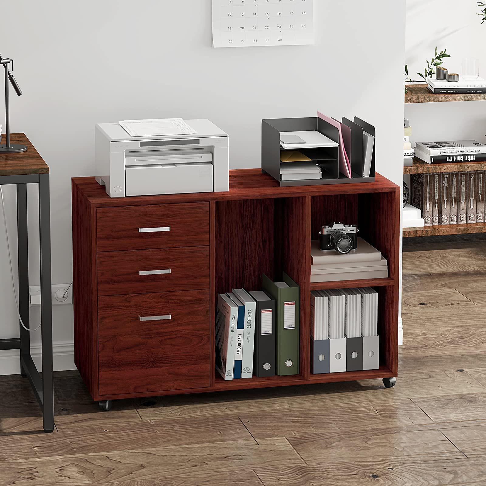 Itaar 39" Wood File Cabinets for Home Office 3 Drawers, Office Printer Stand with Storage, Rolling Lateral Filing Cabinet on Wheels, Cherry Red