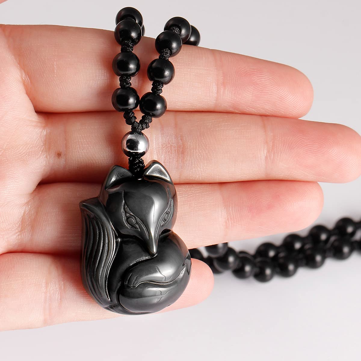 Jewever Black Obsidian Lucky Fox Necklace Natural Stone Healing Crystal Pendant Protection Amulet/Talisman Gemstons Pendant Jewelery