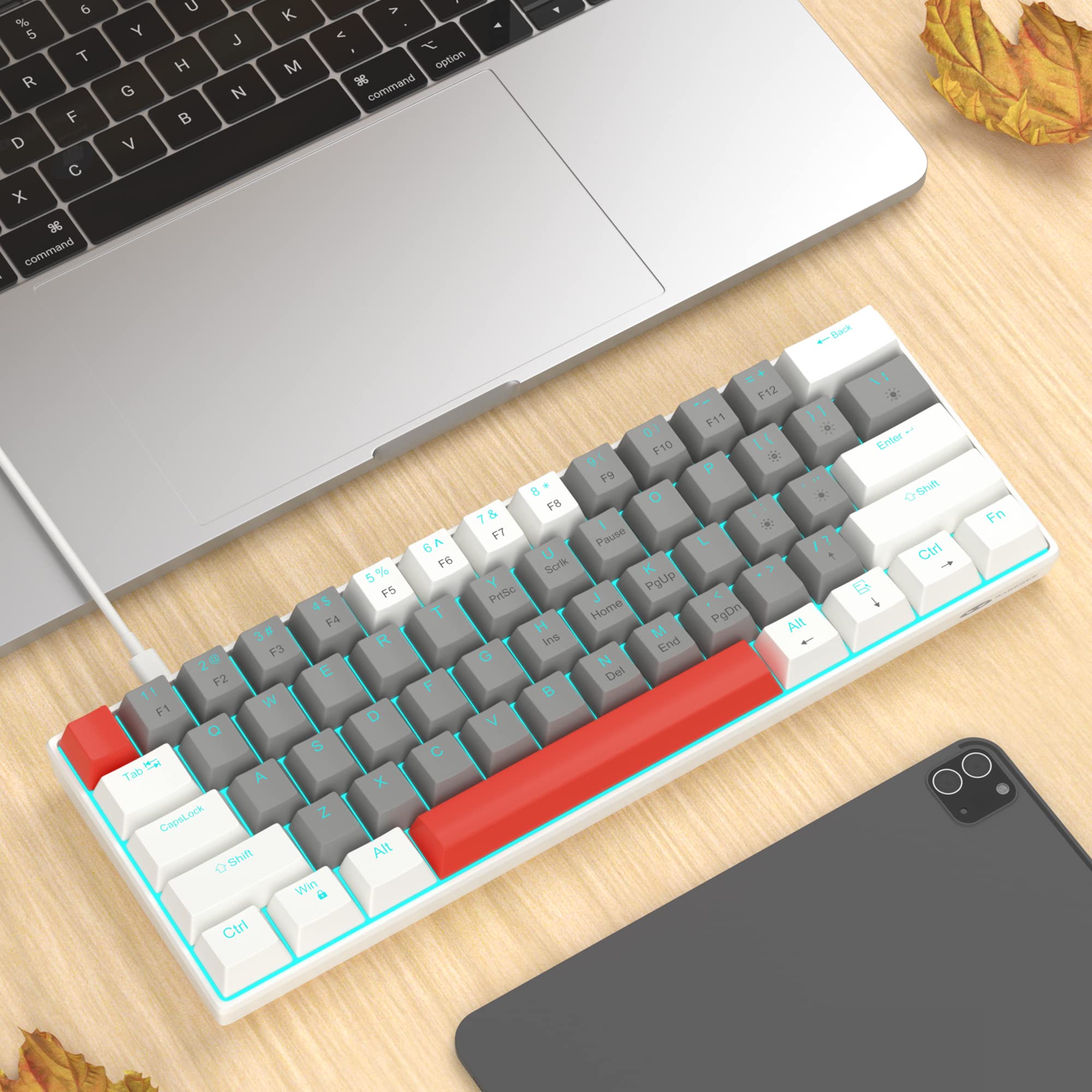 MageGee MK-Mini 60% Mechanical Gaming Keyboard, 61 Keys Compact Gaming Keyboard with Blue Switch, Portable Blue LED Backlit USB Type-C Wired Office Keyboard for PC Laptop, White & Gray