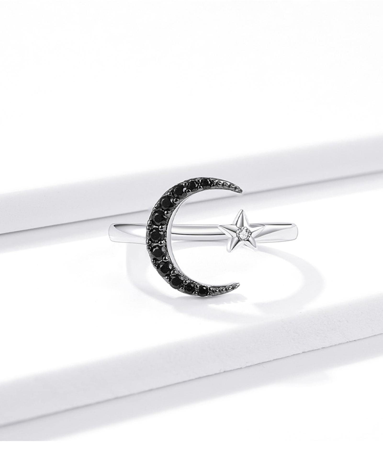 Ladies Sterling Silver Open Ring, Black Moon Zircon, Moon Star Ring, Simple And Romantic, Adjustable Size
