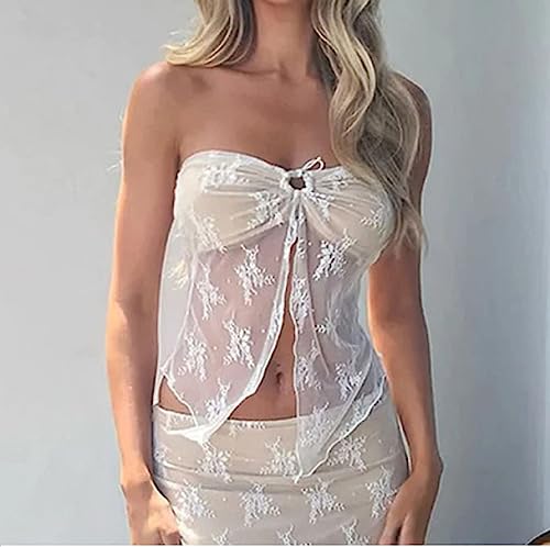WPNAKS Women's Strapless Tube Top Y2k Going Out Bandeau Crop Tops Sleeveless Cami Shirt Off Shoulder Vest Tank,Lace a White