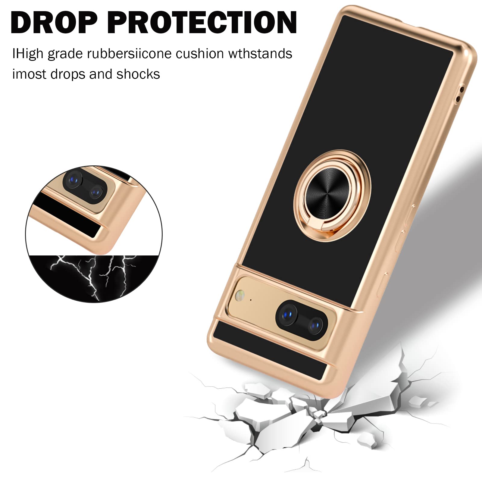 Jasmeas Case Compatible with Google Pixel 7 with 2 Screen Protector, with Ring Holder Plating Rose Gold Edge 360°Kickstand Cover Slim Soft Flexible TPU Protective Phone Cases for Women - Black
