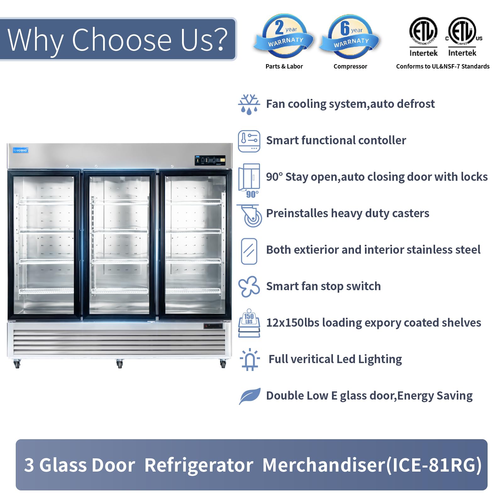 ICECASA 82" W Commercial Display Refrigerator 3 Glass Door Merchandiser Reach-in 72 Cu.ft Stainless Steel Display Refrigerator Fan Cooling for Restuarant, Bar, Shop, etc