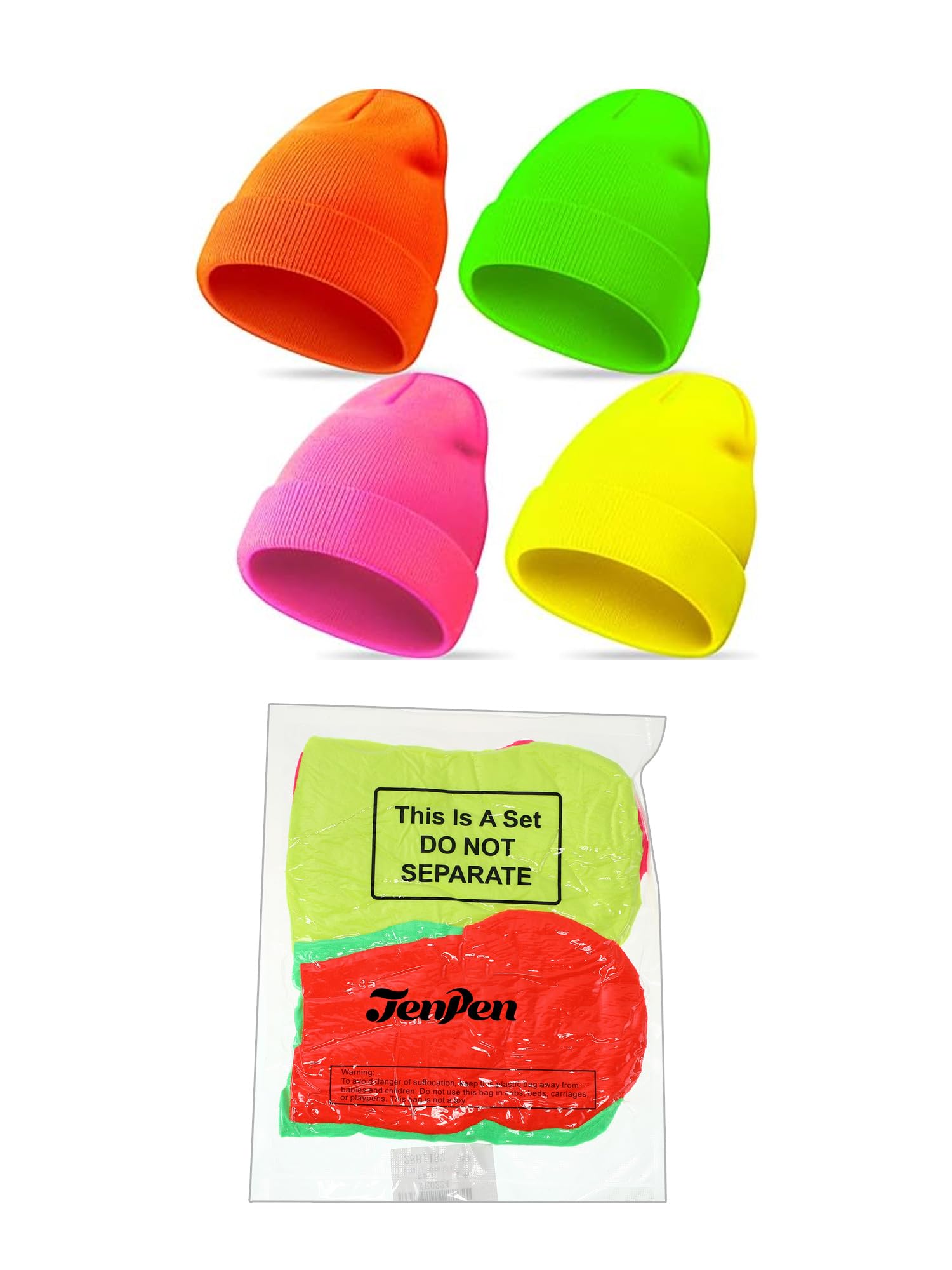 JenPen Neon Beanie Hat Slouchy Beanie Cap Unisex Knitted Winter Hat Ski Plain Beanie Cap for Men and Women (4 Pieces), Green, Yellow, Orange and Pink, One Size
