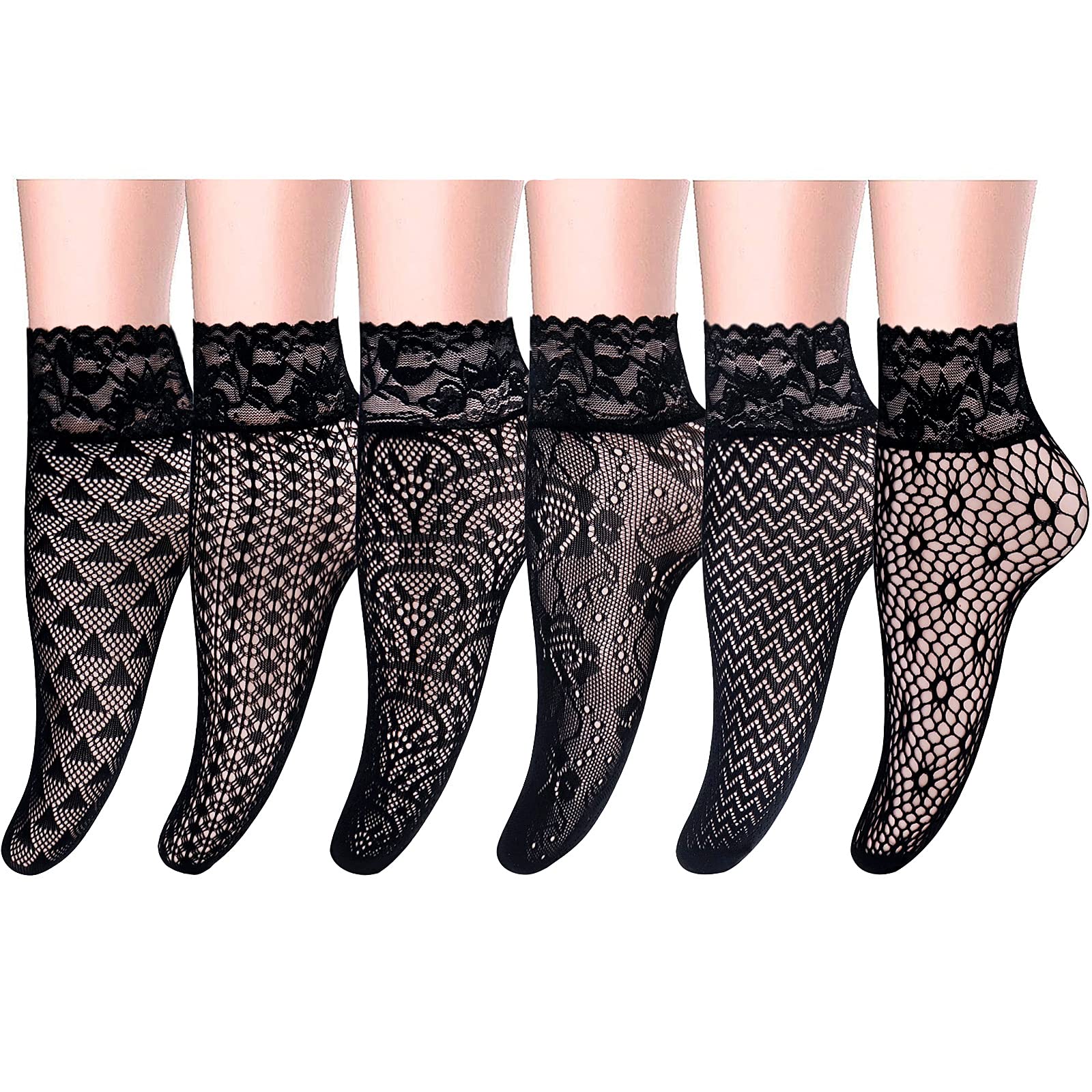 Lamdgbway 6 Pairs Women Lace Ankle Socks Fishnet Short Stockings Black 5