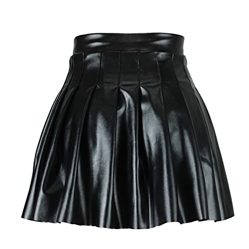 Long Plaid Skirts for Women Knee Length Date Night Skirt Short High Pleated Waist Elegant Solid Leather Women's Black