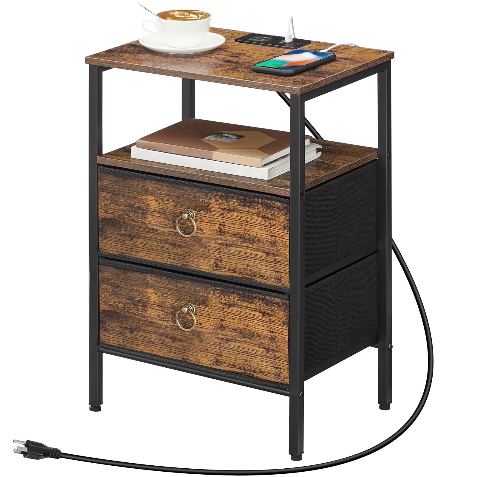 HOOBRO Nightstand with Charging Station, Set of 2, Fabric Drawers, 2-Tier Side Table, End Table with Socket and USB Ports, Bedside Table for Bedroom, Study Room, Rustic Brown and Black BF49UBZP201