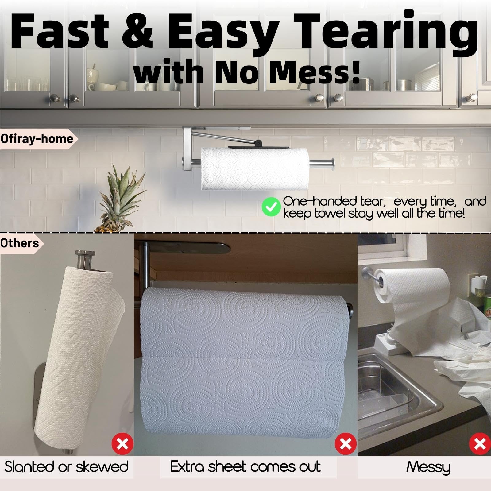 Kitchen Paper Towel Holder - One-Hand Tear Under Cabinet Stick-on Towel Rack for Hanging Paper - First Apartment Essentials Wall Mount Self Adhesive Stainless Steel Papertowel Rack, 1 Pack