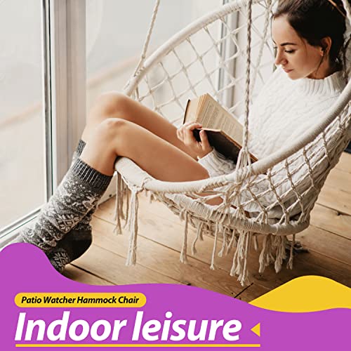 Patio Watcher Hammock Chair Hanging Macrame Swing with Cushion and Hardware Kits, Max 330 Lbs, Handmade Knitted Mesh Rope Swing Chair for Indoor, Outdoor, Bedroom, Patio, Yard, Deck, Garden, Beige