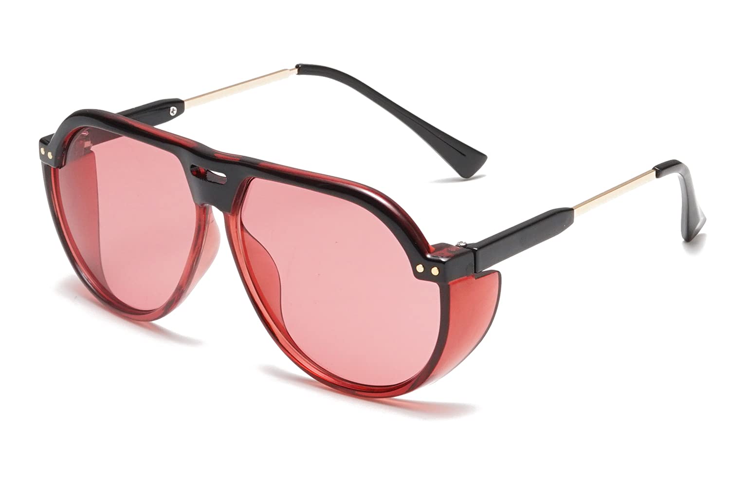 KYMISINKY Fashion Vintage Aviator Sunglasses for Women Men Large Frame with Side Shield UV Protection KY2000S (Transparent Red/Red Lens)