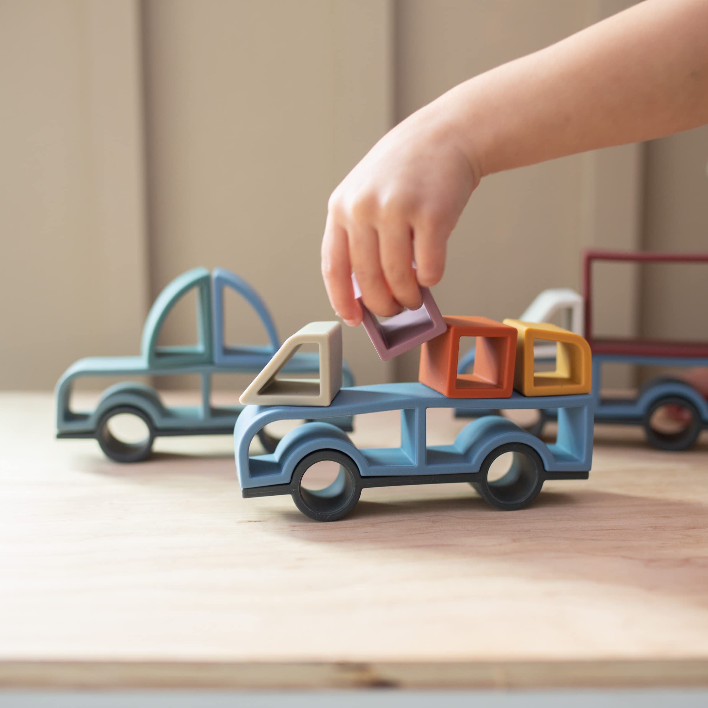 Mango Co. Silicone Toy Car Blocks Baby Teether Montessori Toys Stacking Car Building Block Set Learning Educational Sensory Toy Soft Stacking Blocks for Infant and Toddler(1 Pack, Sand)