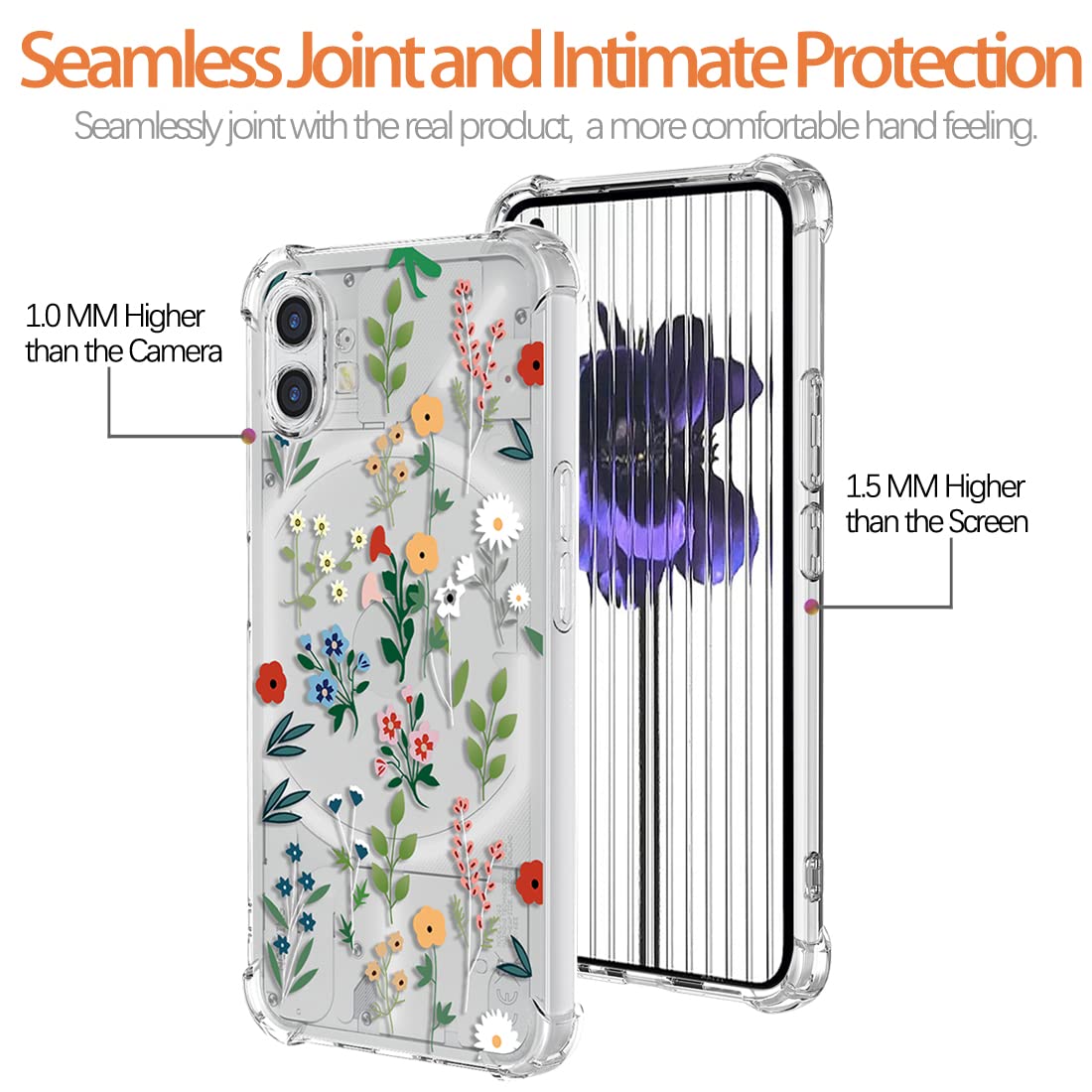 KOARWVC Case for Nothing Phone 2 Case, A065 with HD Screen Protectors, Clear with Design TPU Shock Absorption Slim Garden Floral Pattern Protective Back Cover Cases for Nothing Phone 2 Spring Floral